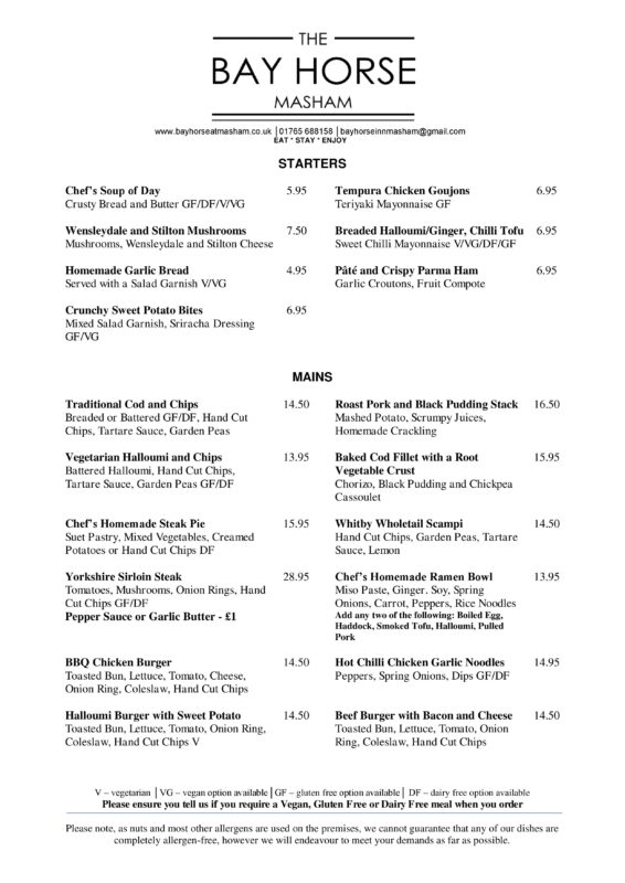 Menus - Bay Horse Masham