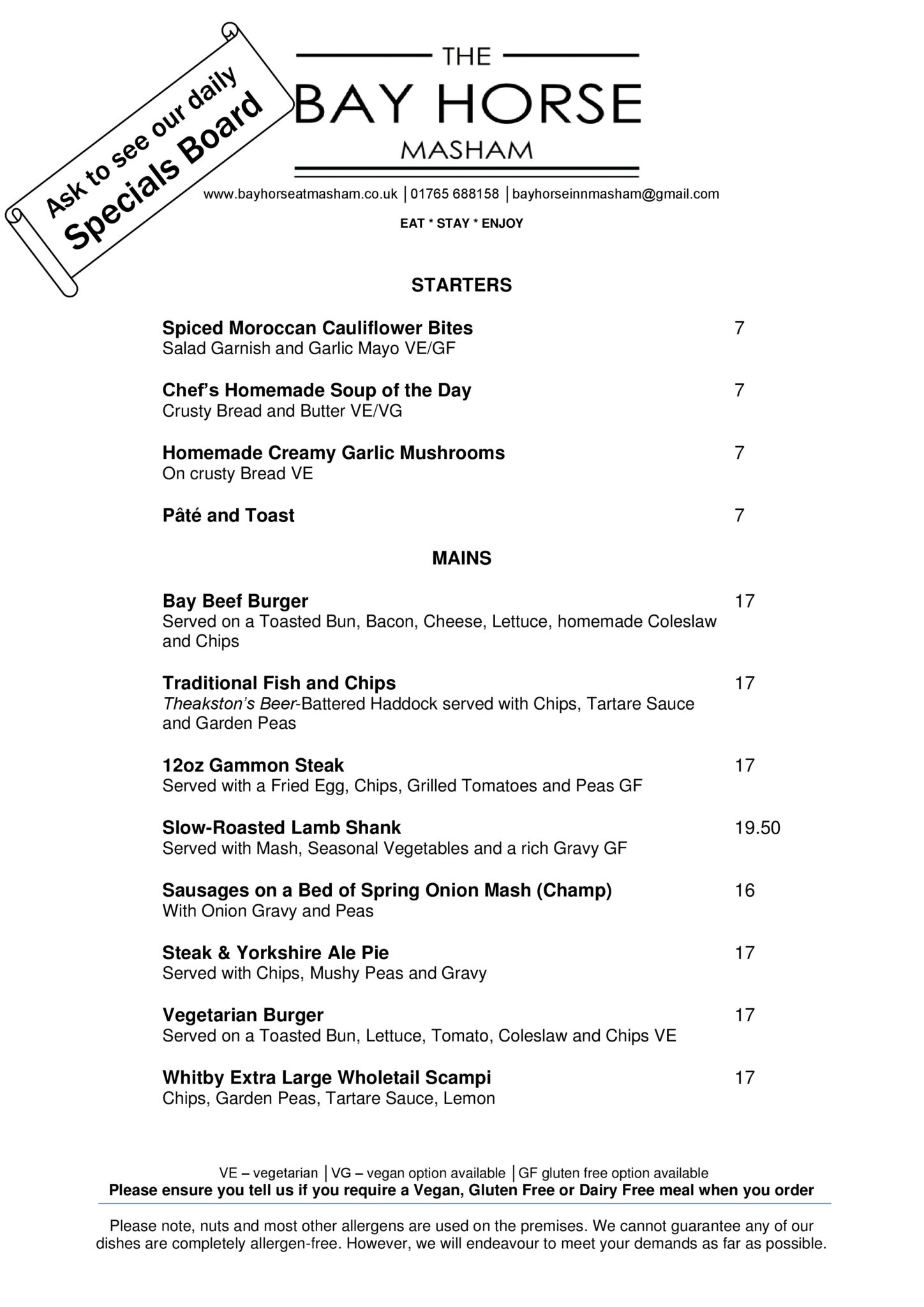 Menus - Bay Horse Masham